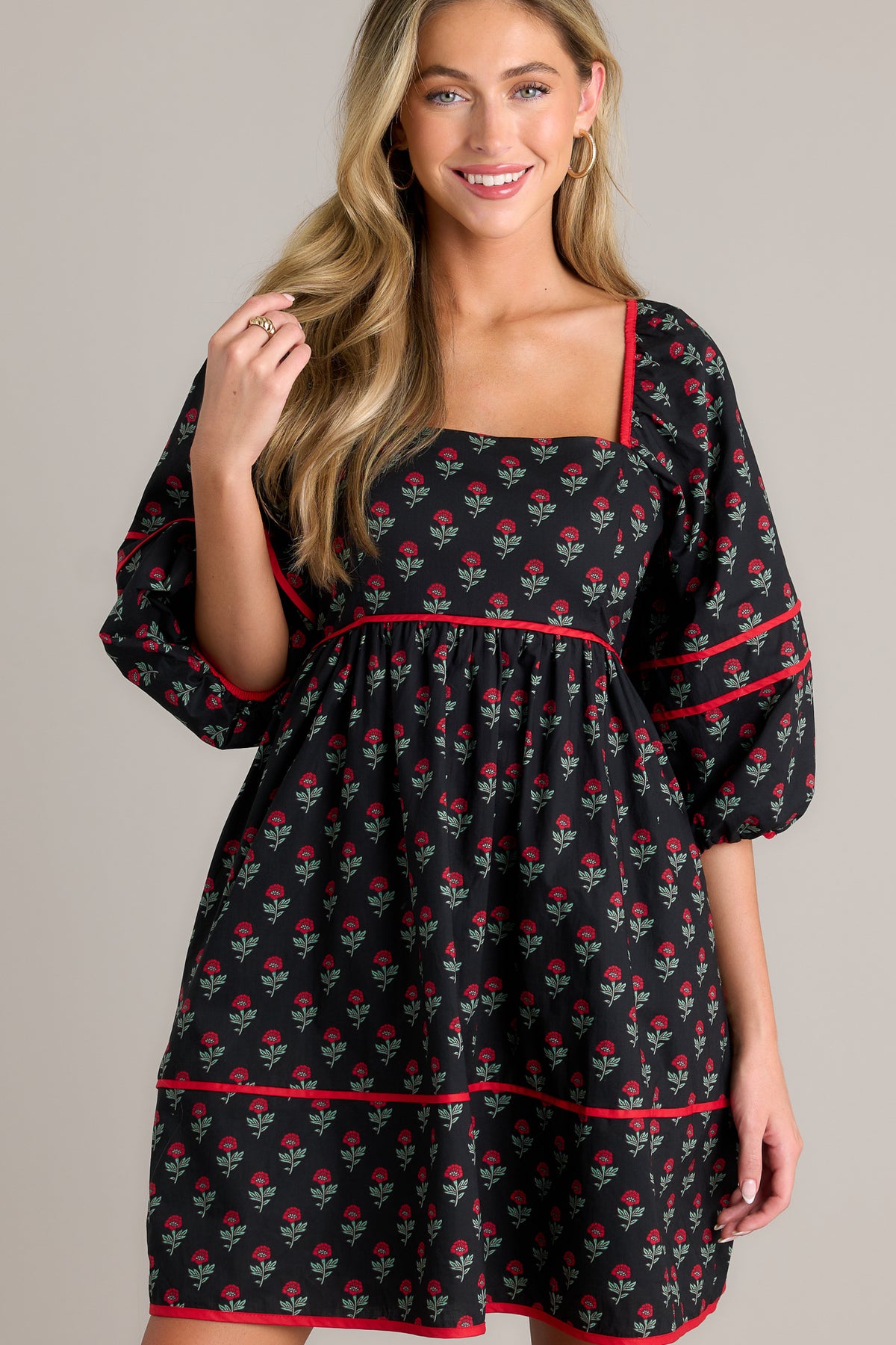 100% Cotton Black Floral Mini Dress - All Dresses | Red Dress