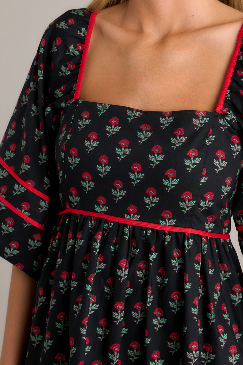 100% Cotton Black Floral Mini Dress - All Dresses | Red Dress