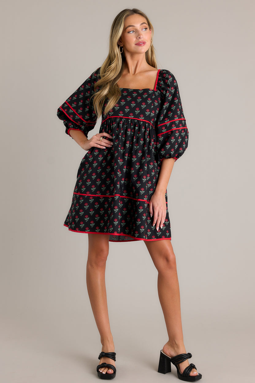 100% Cotton Black Floral Mini Dress - All Dresses | Red Dress