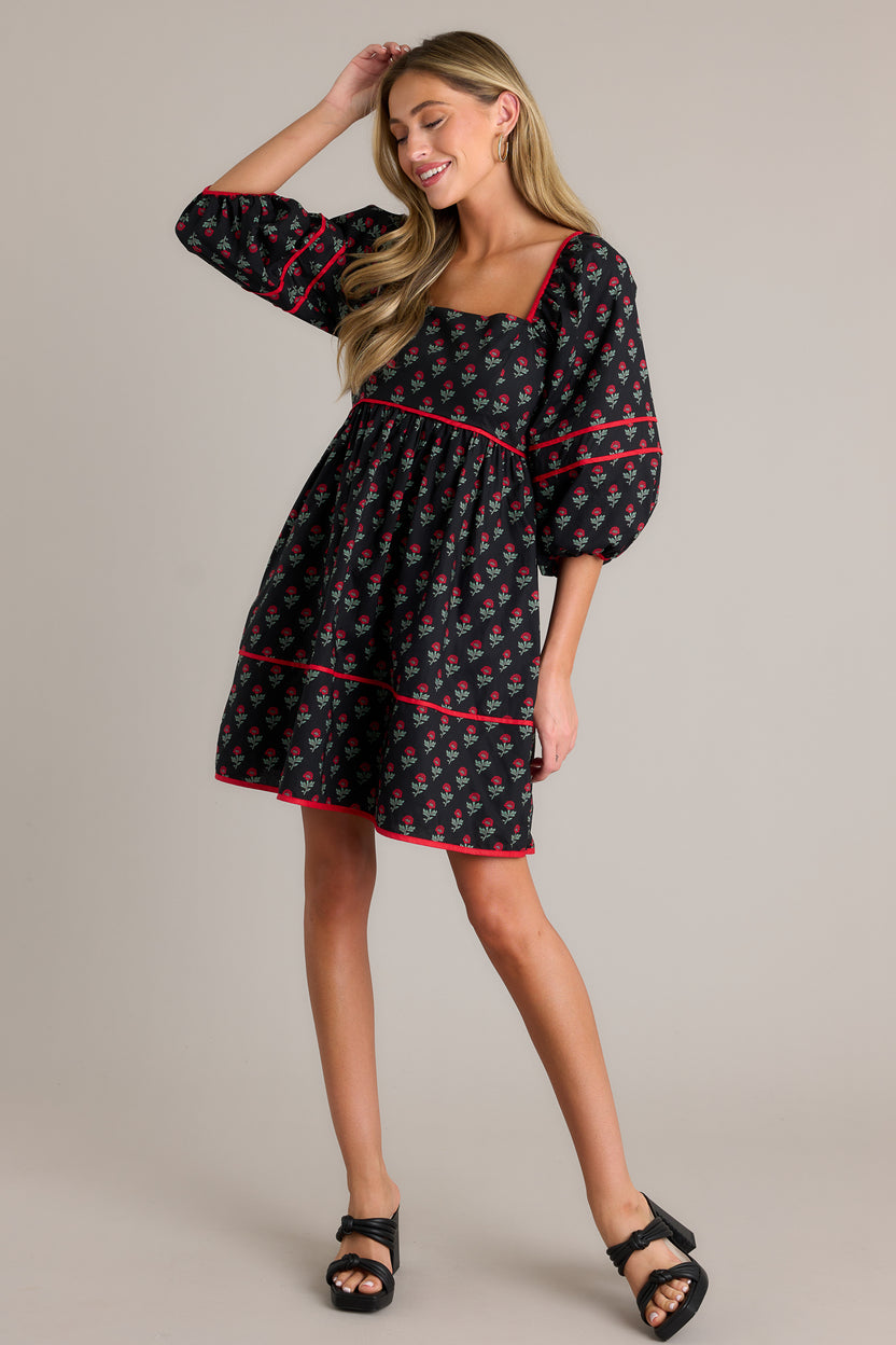 100% Cotton Black Floral Mini Dress - All Dresses | Red Dress