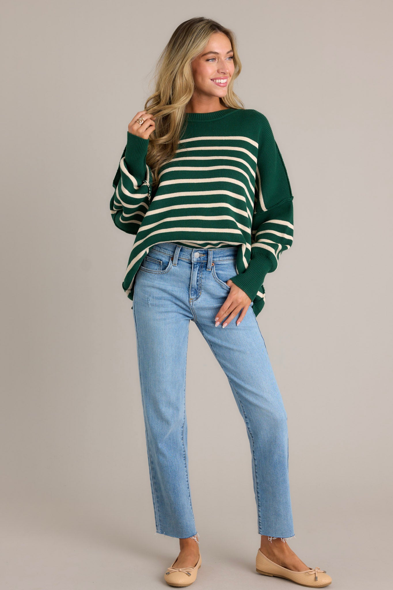 Hunter Green Stripe Knit Sweater - All Tops | Red Dress