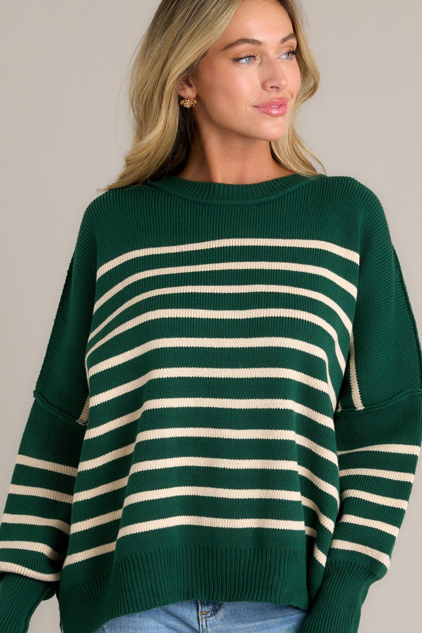 Hunter Green Stripe Knit Sweater - All Tops | Red Dress