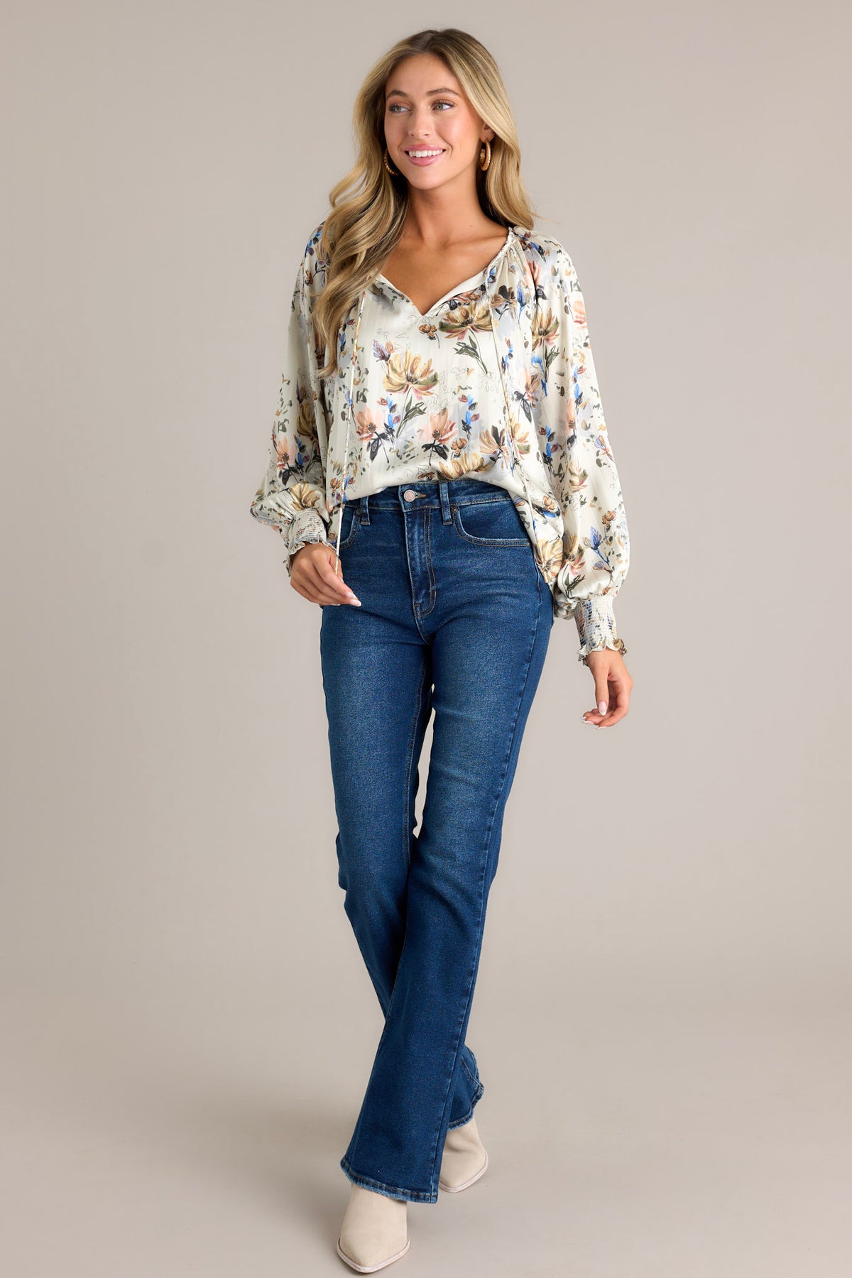 Ivory Floral Balloon Sleeve Blouse - All Tops | Red Dresss