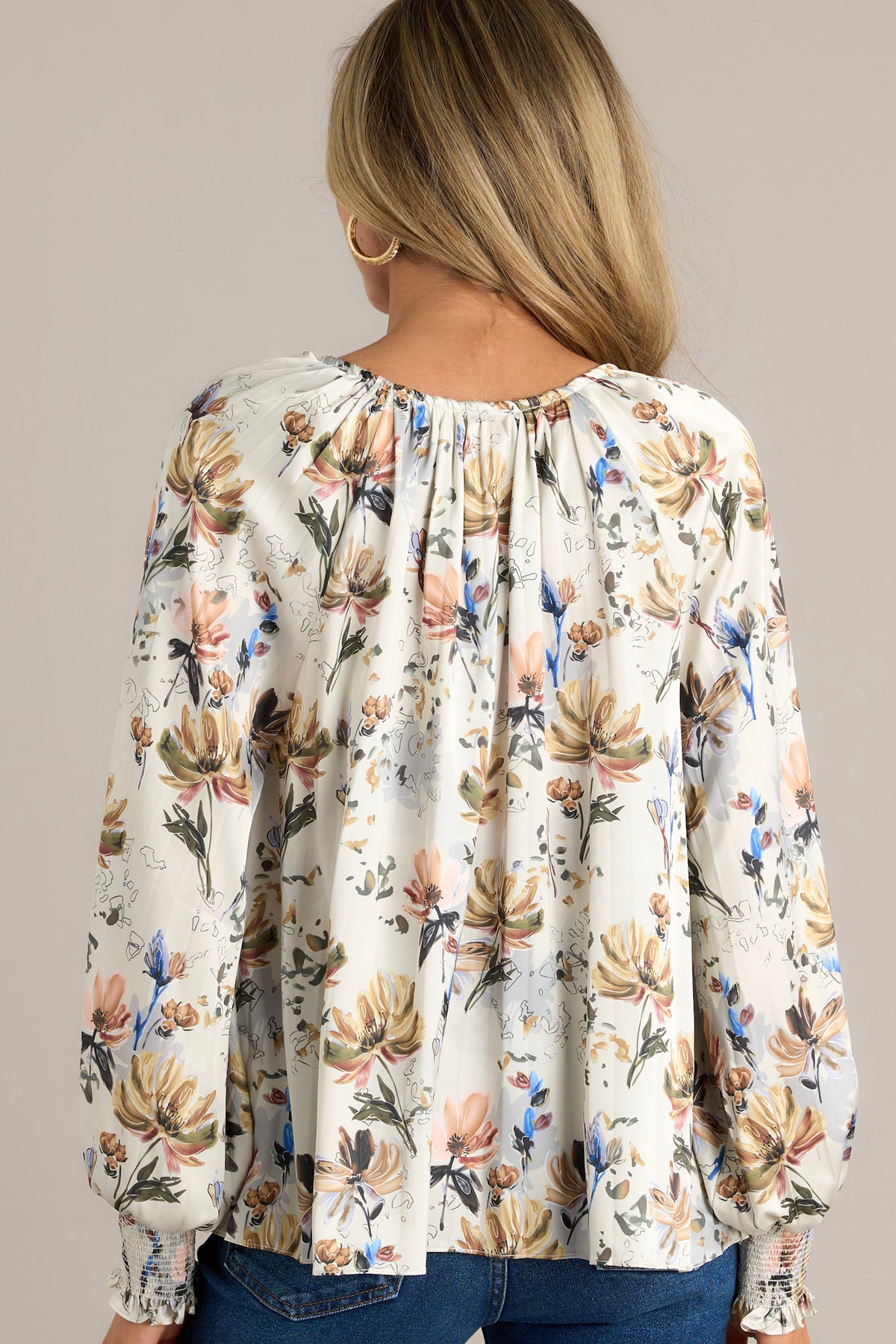 Ivory Floral Balloon Sleeve Blouse - All Tops | Red Dresss