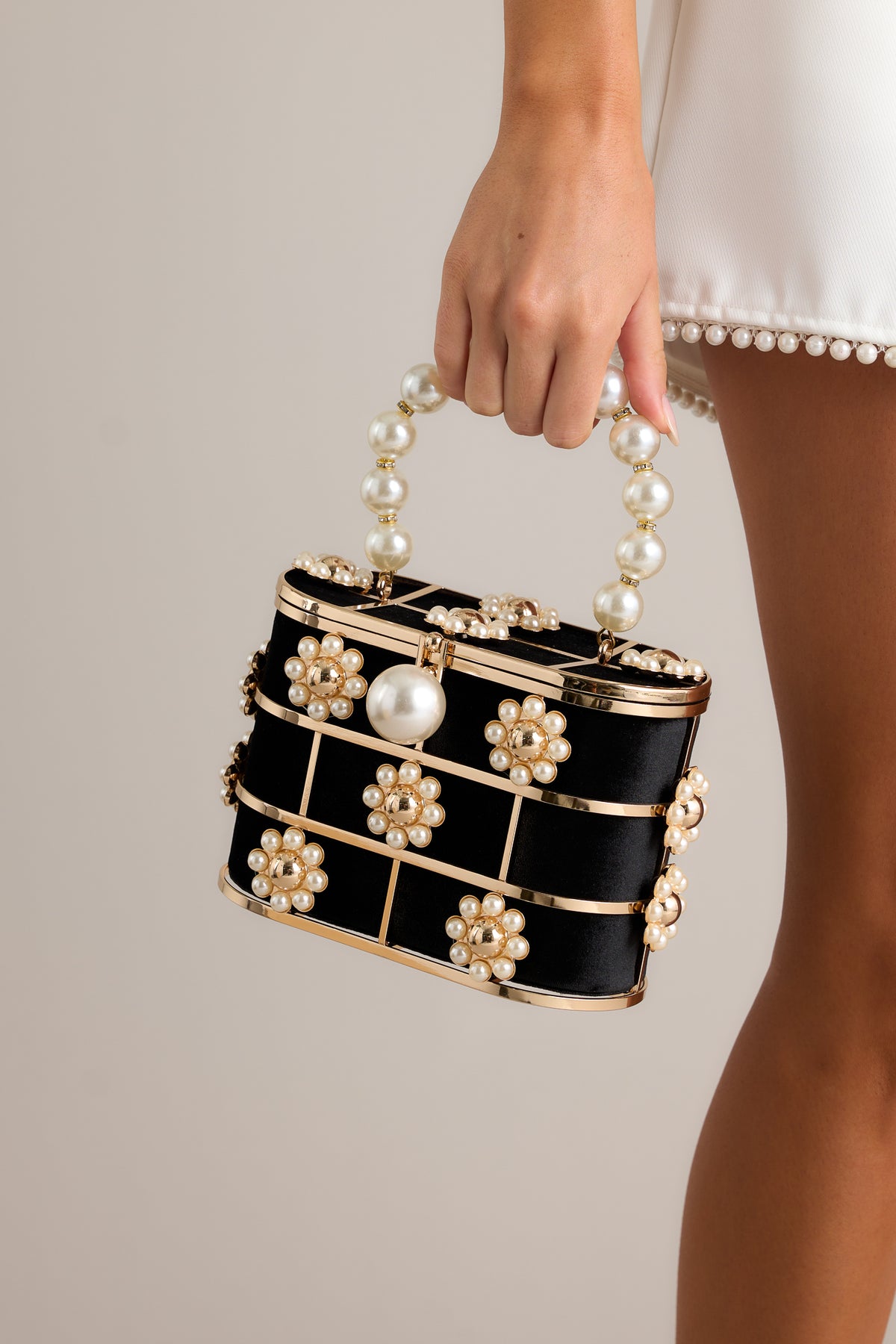 Ivory Pearl & Black Embellished Clutch - All Accessories | Red Dress
