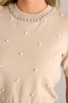 Beige Short Sleeve Faux Pearl Top - All Tops | Red Dress