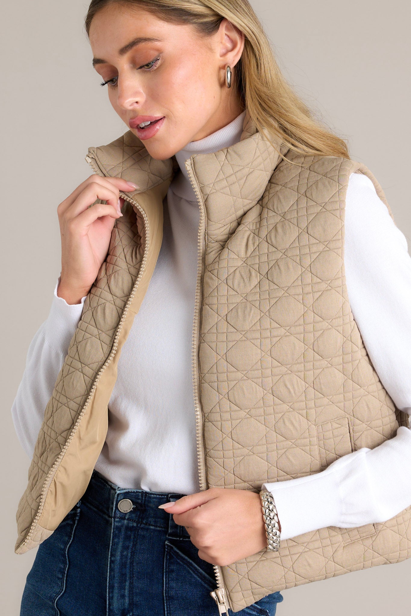 Tan Quilted Full Zip Vest - All Outerwear | Red Dress