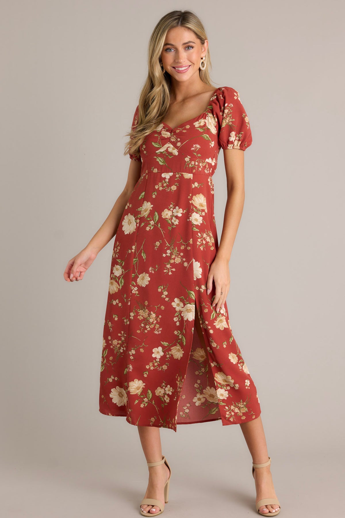 Burnt Orange Puff Sleeve Midi Dress - All Dresses | Red Dress