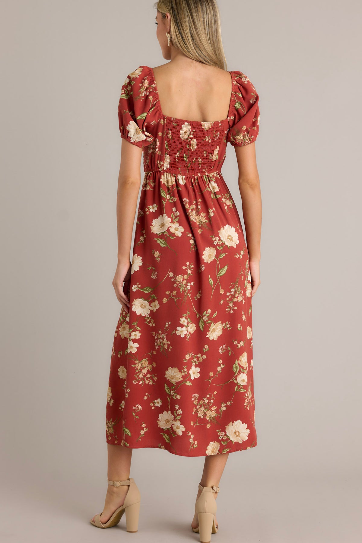Burnt Orange Puff Sleeve Midi Dress - All Dresses | Red Dress