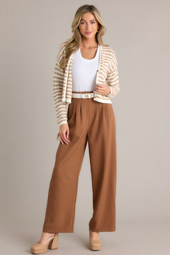 Tan Long Sleeve Knit Cardigan - Crop Tops | Red Dress