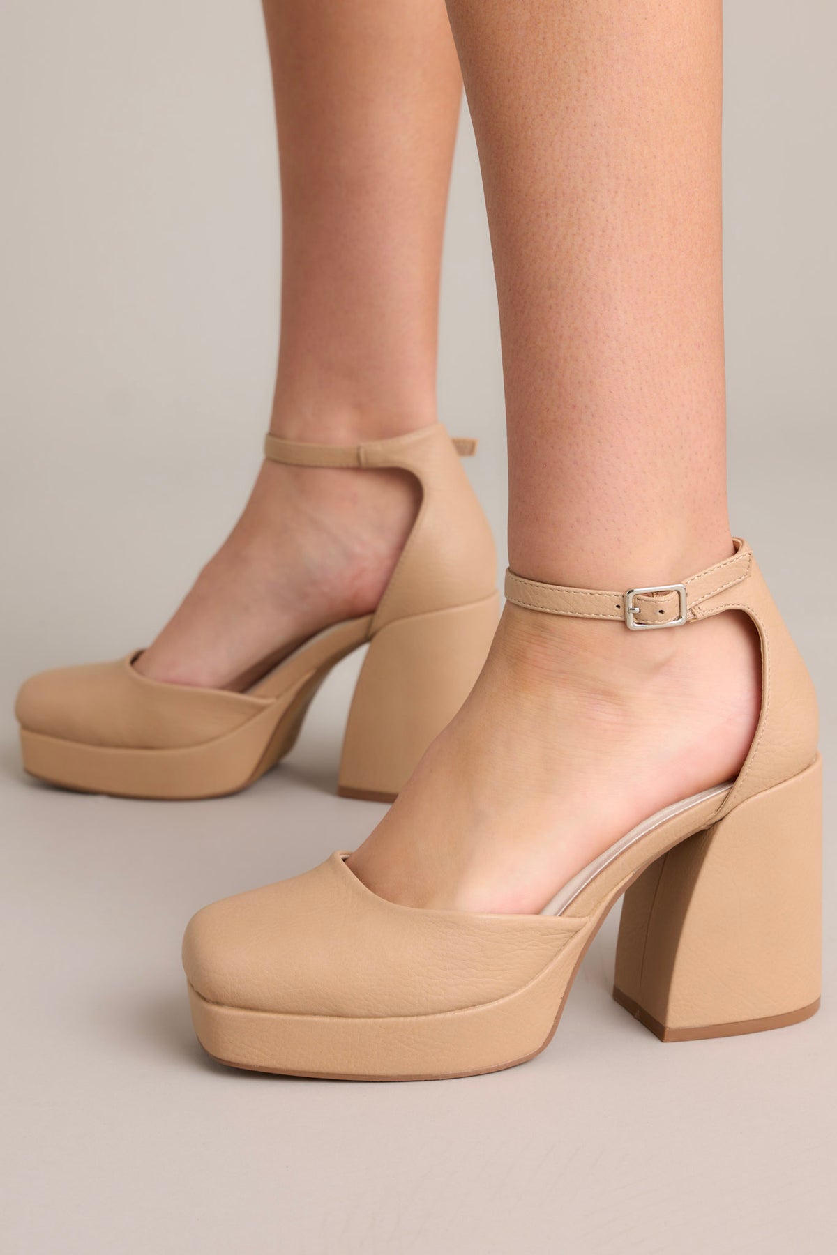 Beige Ankle Strap Block Heels - All Shoes | Red Dress