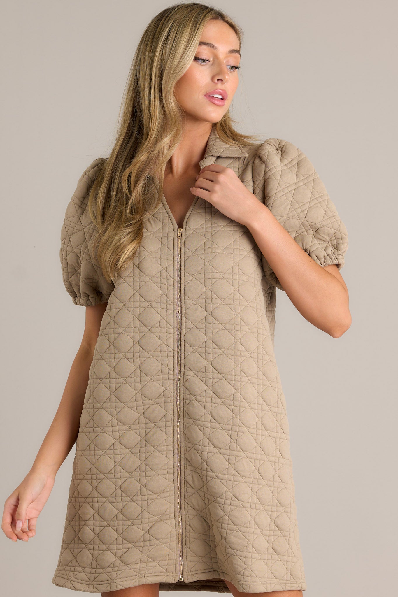 Tan Quilted Zip-Up Mini Dress - All Dresses | Red Dress