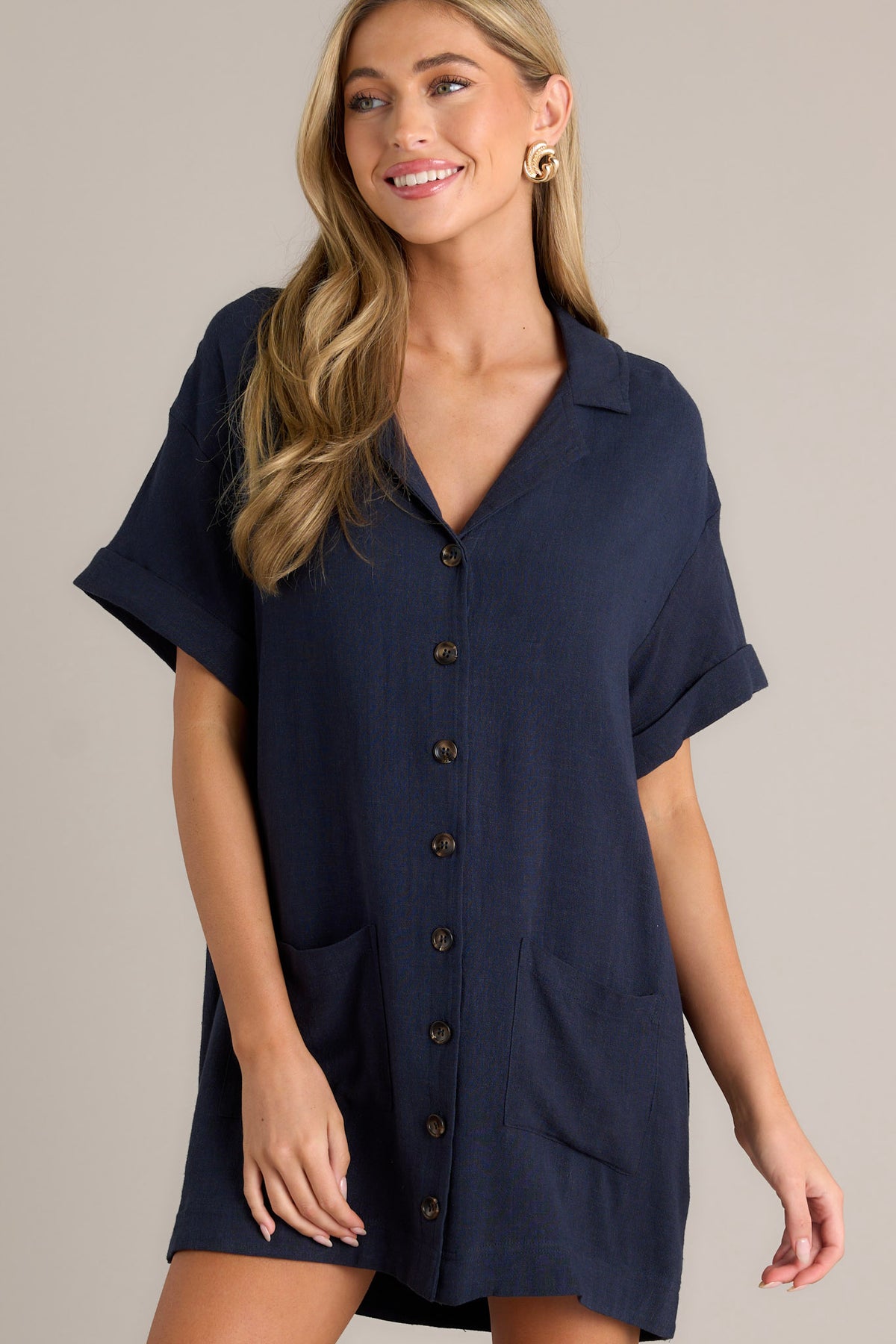 Navy Button Front Mini Shirt Dress - All Dresses | Red Dress
