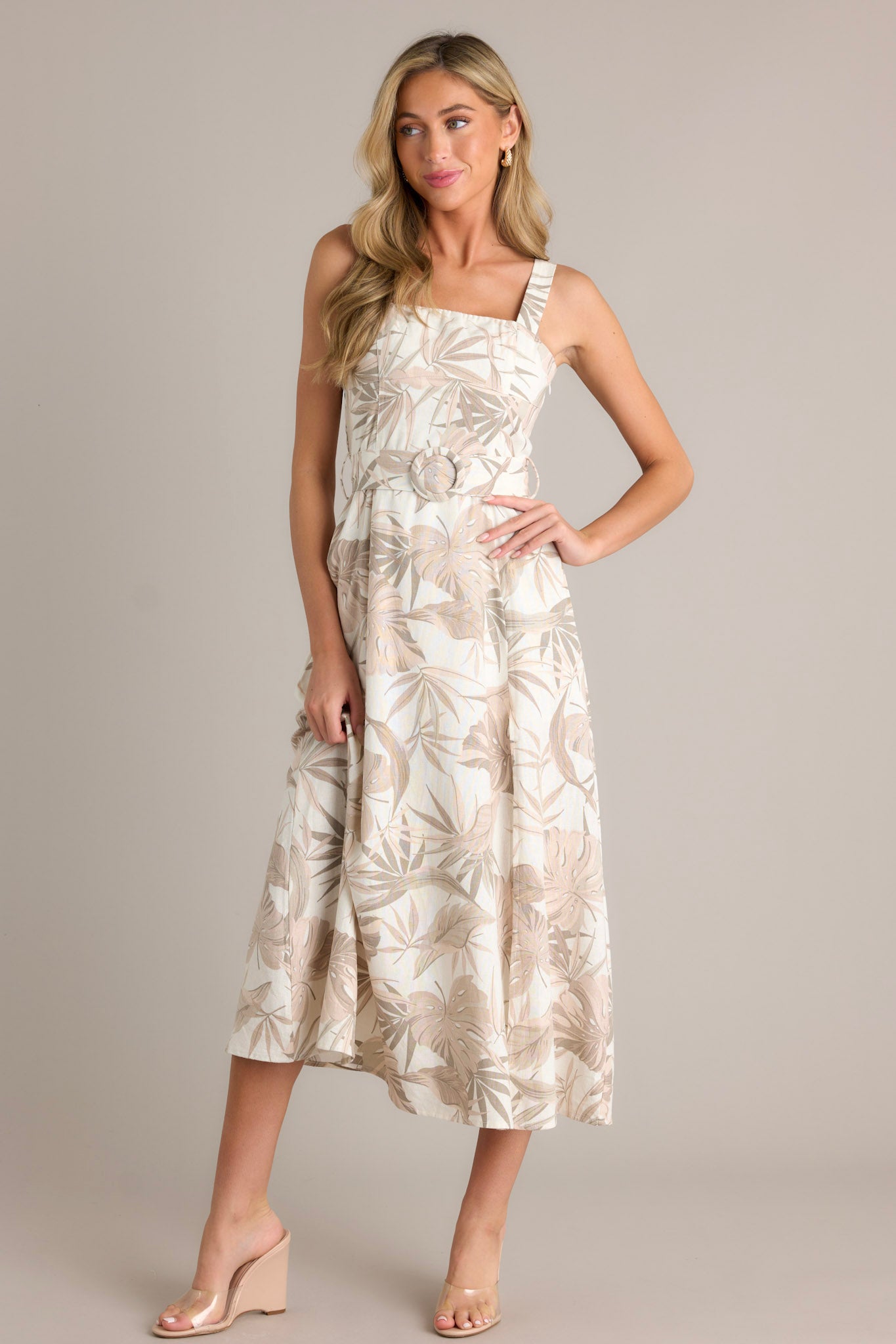 Tan Tropical Print Belted Midi Dress - All Dresses | Red Dress
