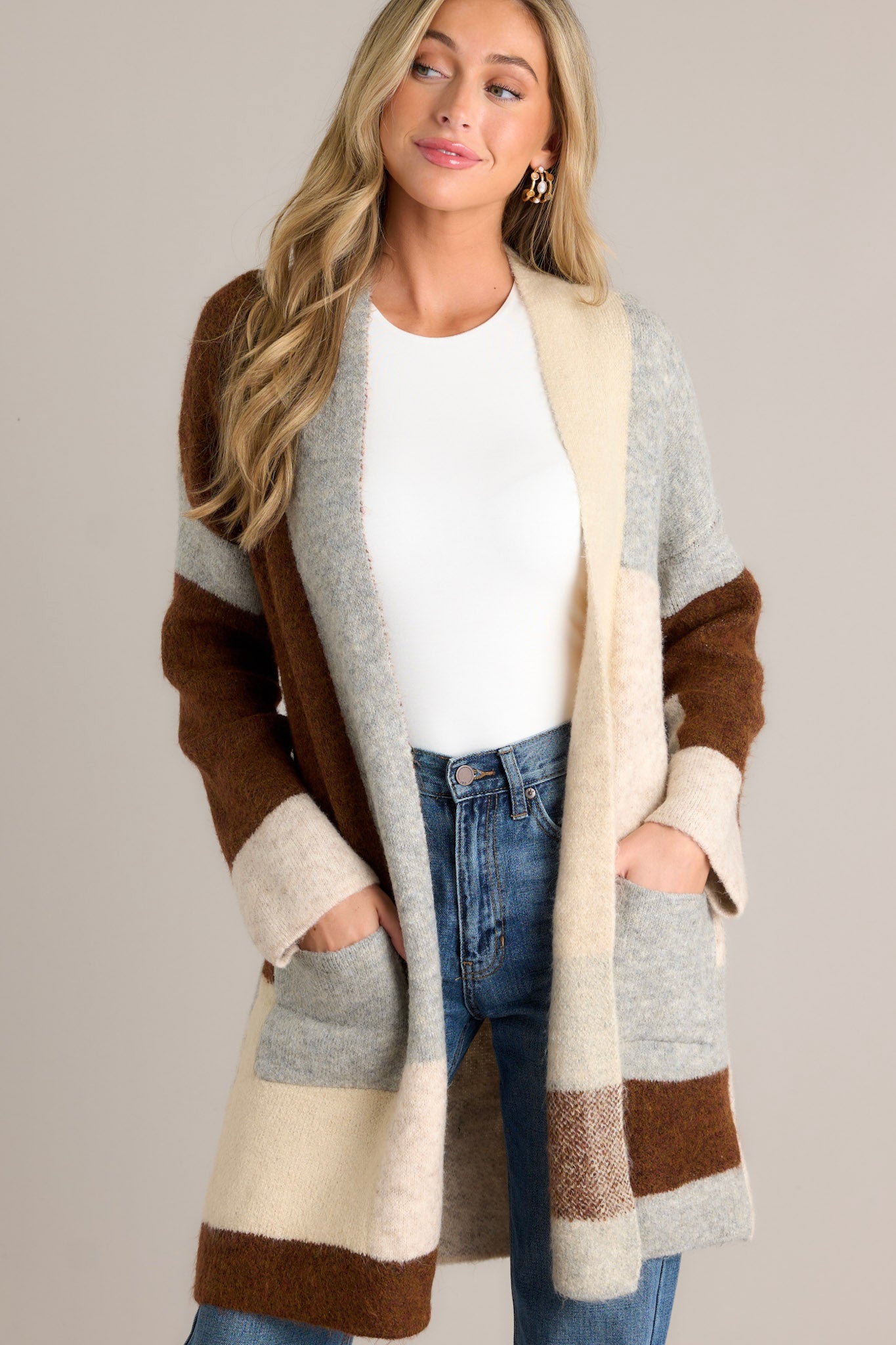 Cozy Chocolate Colorblock Cardigan - Fall Favorites | Red Dress