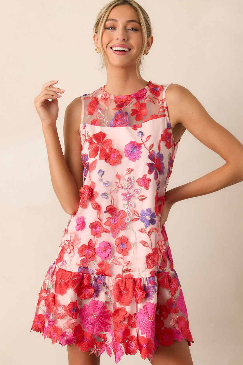 Light Pink Floral Embroidered Mini Dress - All Dresses | Red Dress