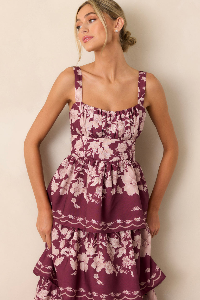 Wine Floral Tiered Maxi Dress - All Dresses | Red Dress