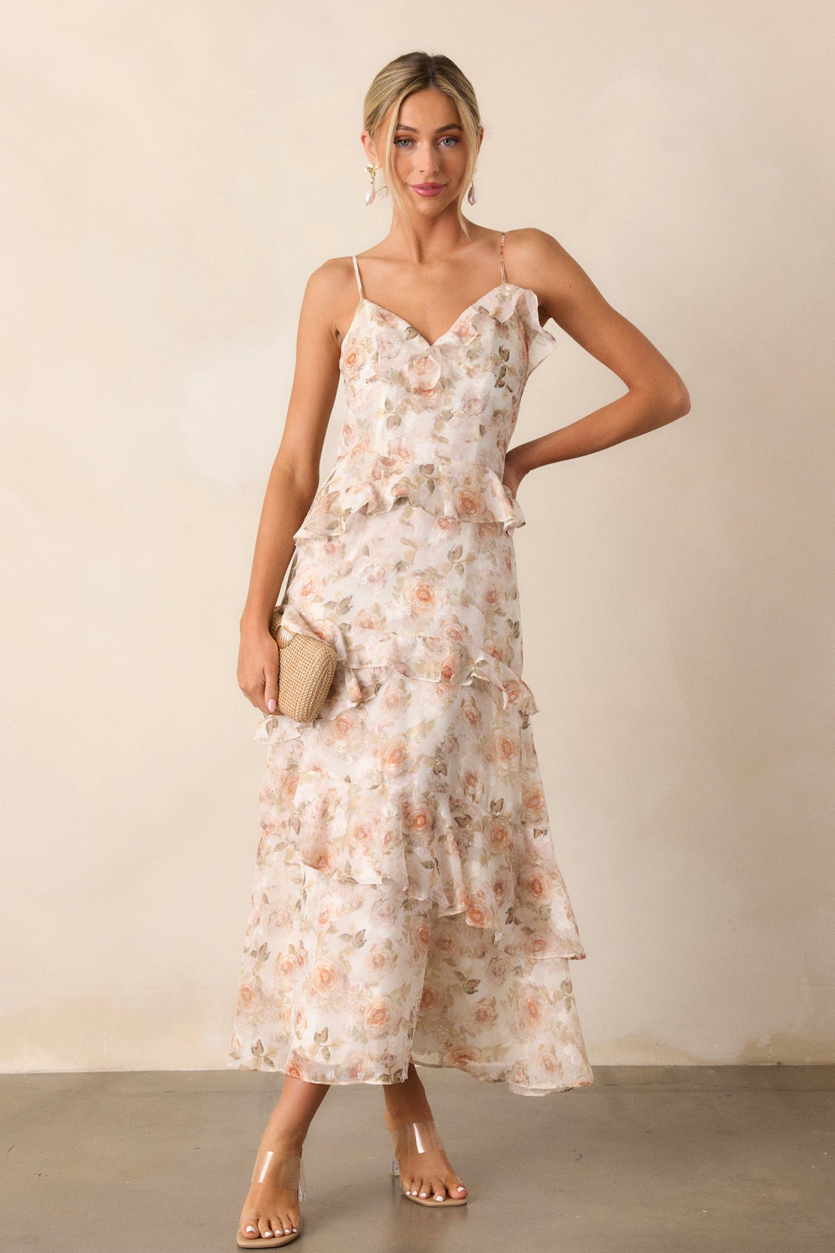 Ivory Floral Ruffle Midi Dress - All Dresses | Red Dress