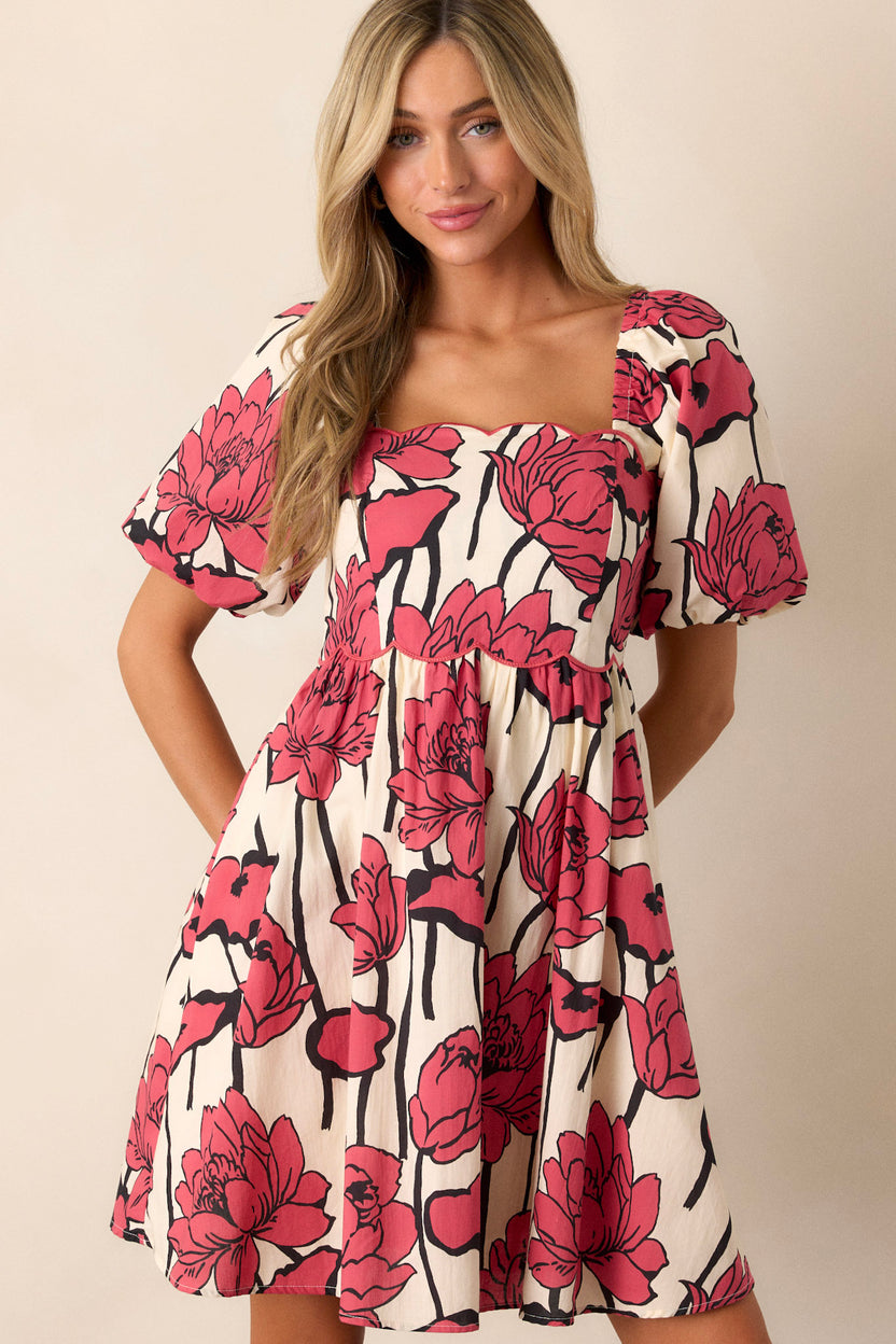 100% Cotton Red Floral Mini Dress - All Dresses | Red Dress