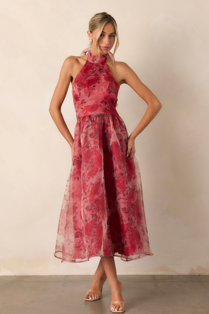 Brick Red Floral Halter Midi Dress - Event Dresses | All Dresses