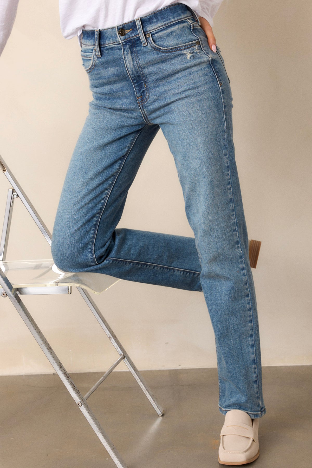 Medium Wash Straight Leg Jeans - All Bottoms | Red Dress