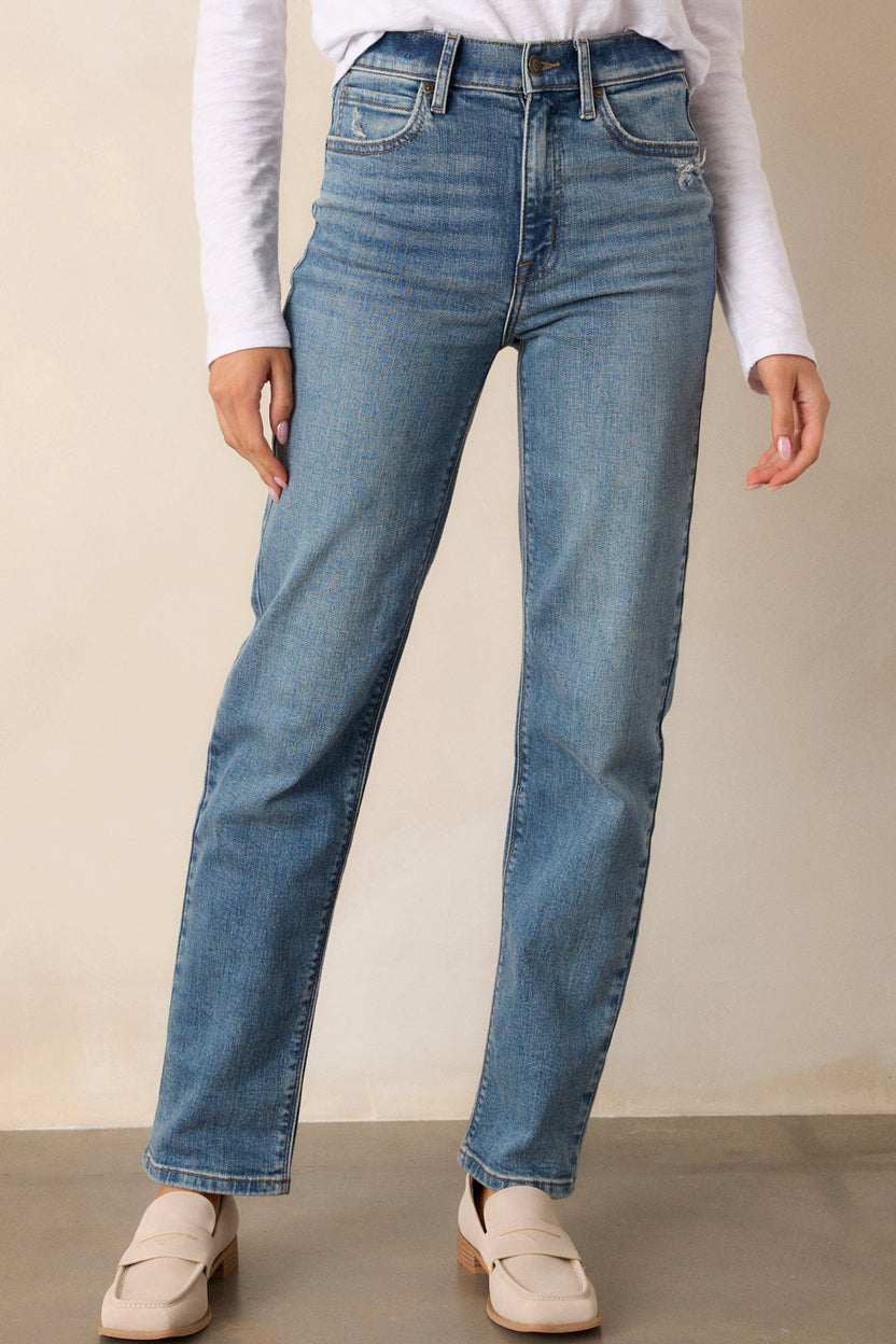 Medium Wash Straight Leg Jeans - All Bottoms | Red Dress