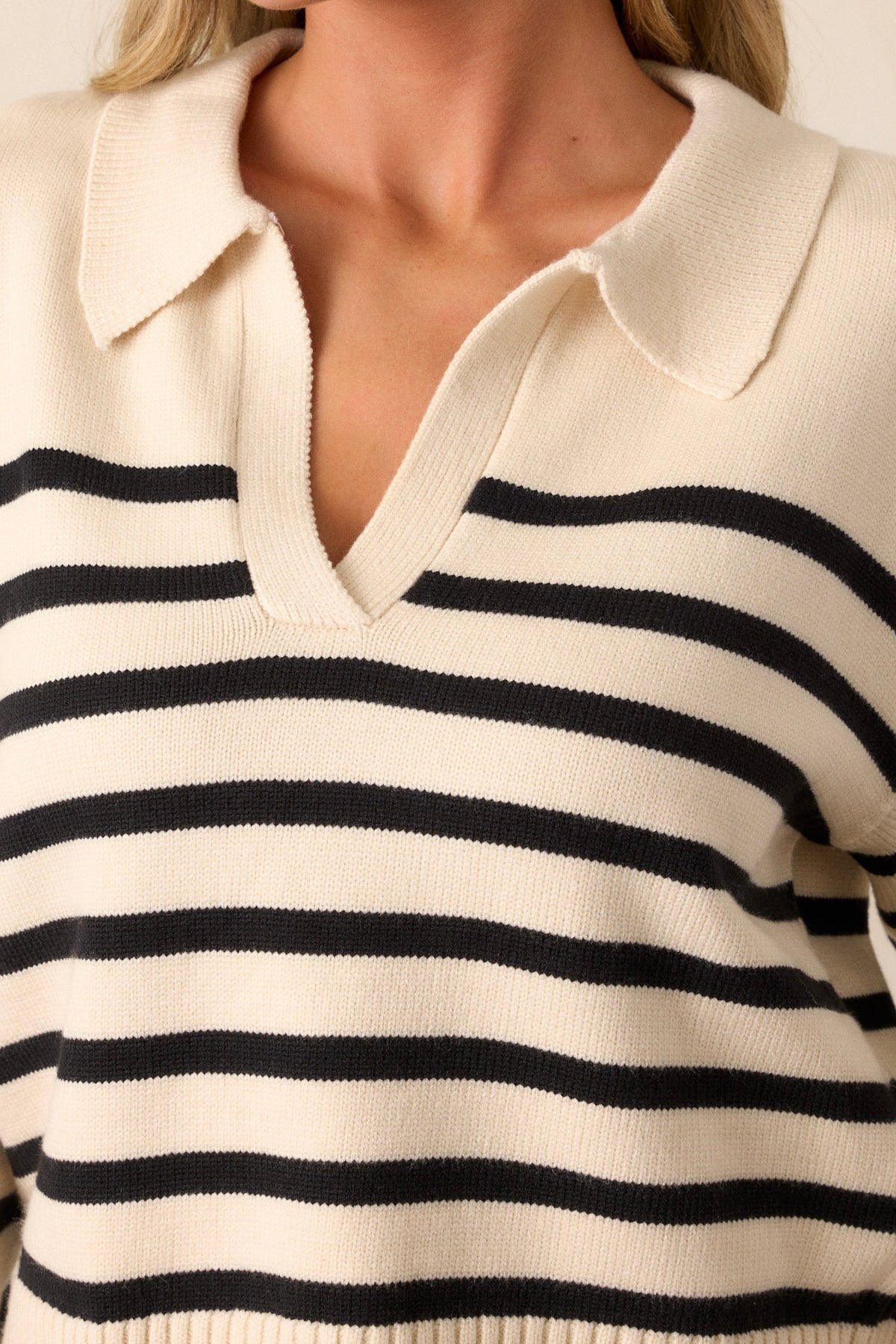 Beige & Black Stripe Collared Sweater - All Tops