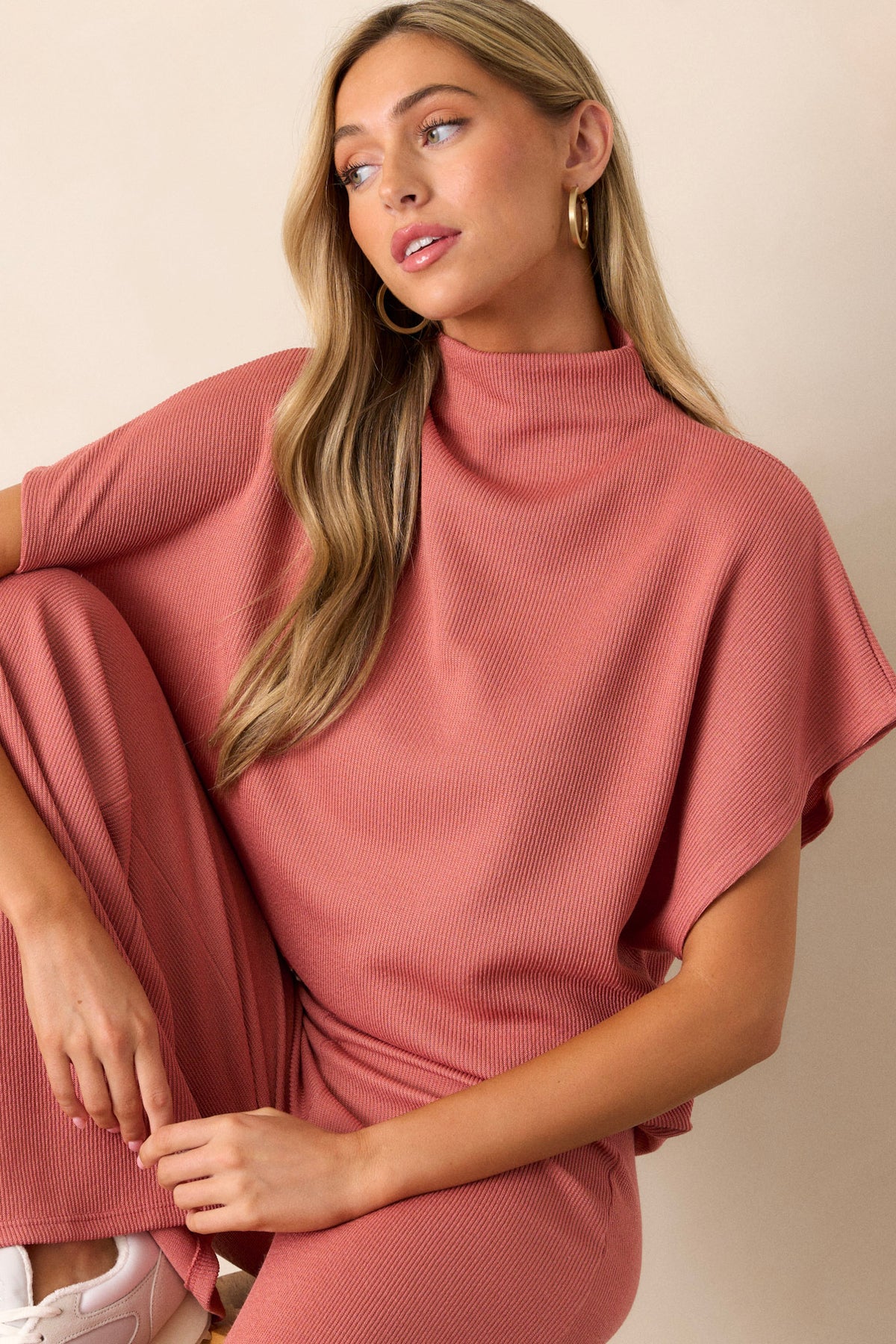Pink Coral Knit Mock Neck Top - Loungewear | Red Dress