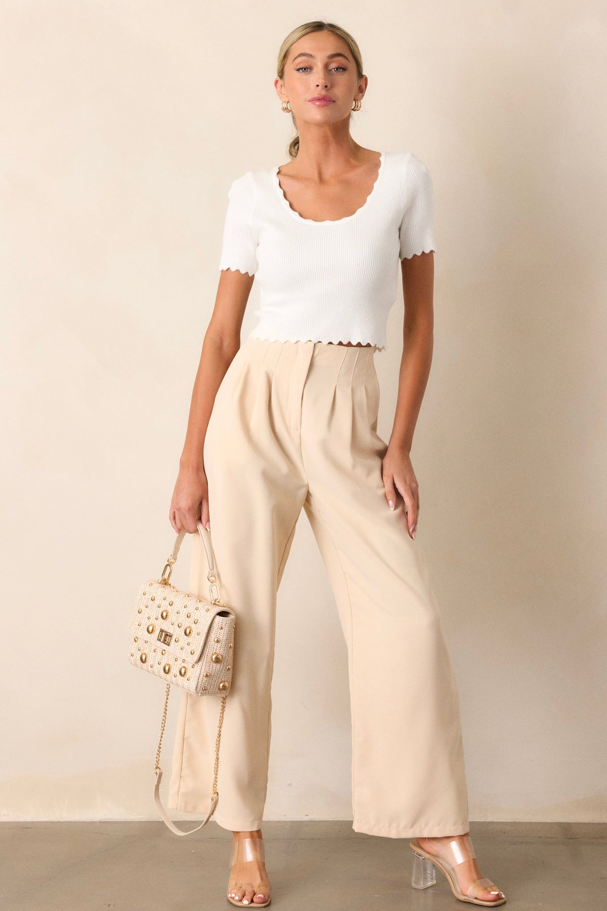 Beige Wide Leg Pants - All Bottoms | Red Dress