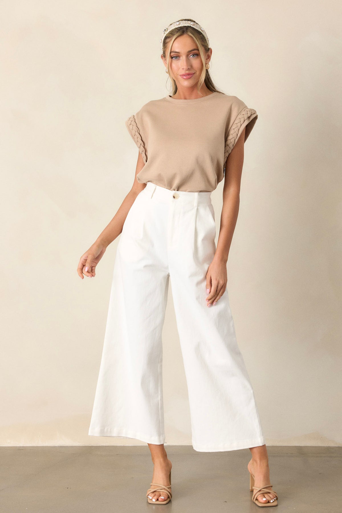 Taupe Braided Cap Sleeve Top - All Tops | Red Dress