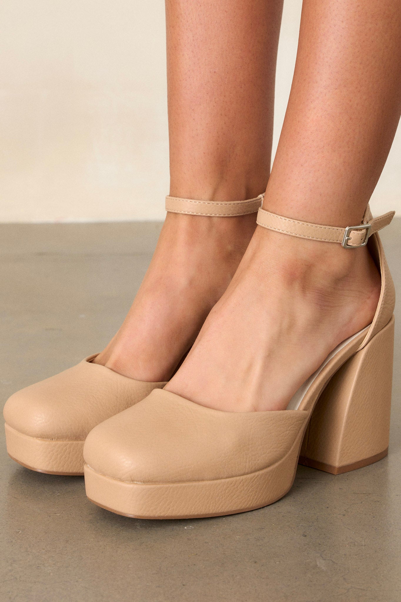 Beige Ankle Strap Block Heels - All Shoes | Red Dress