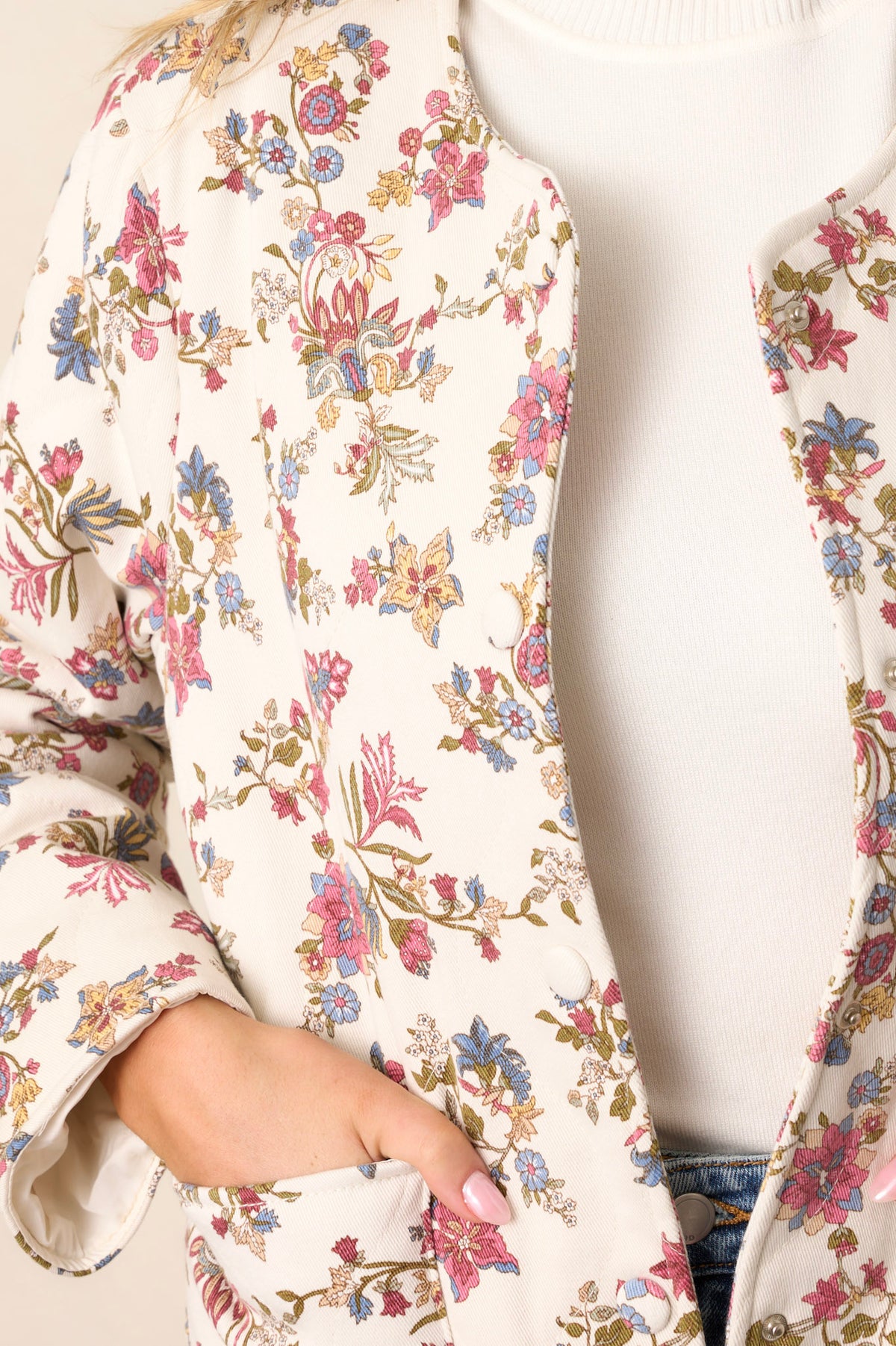 Ivory Floral Crew Neck Denim Jacket - Fall Favorites | Red Dress