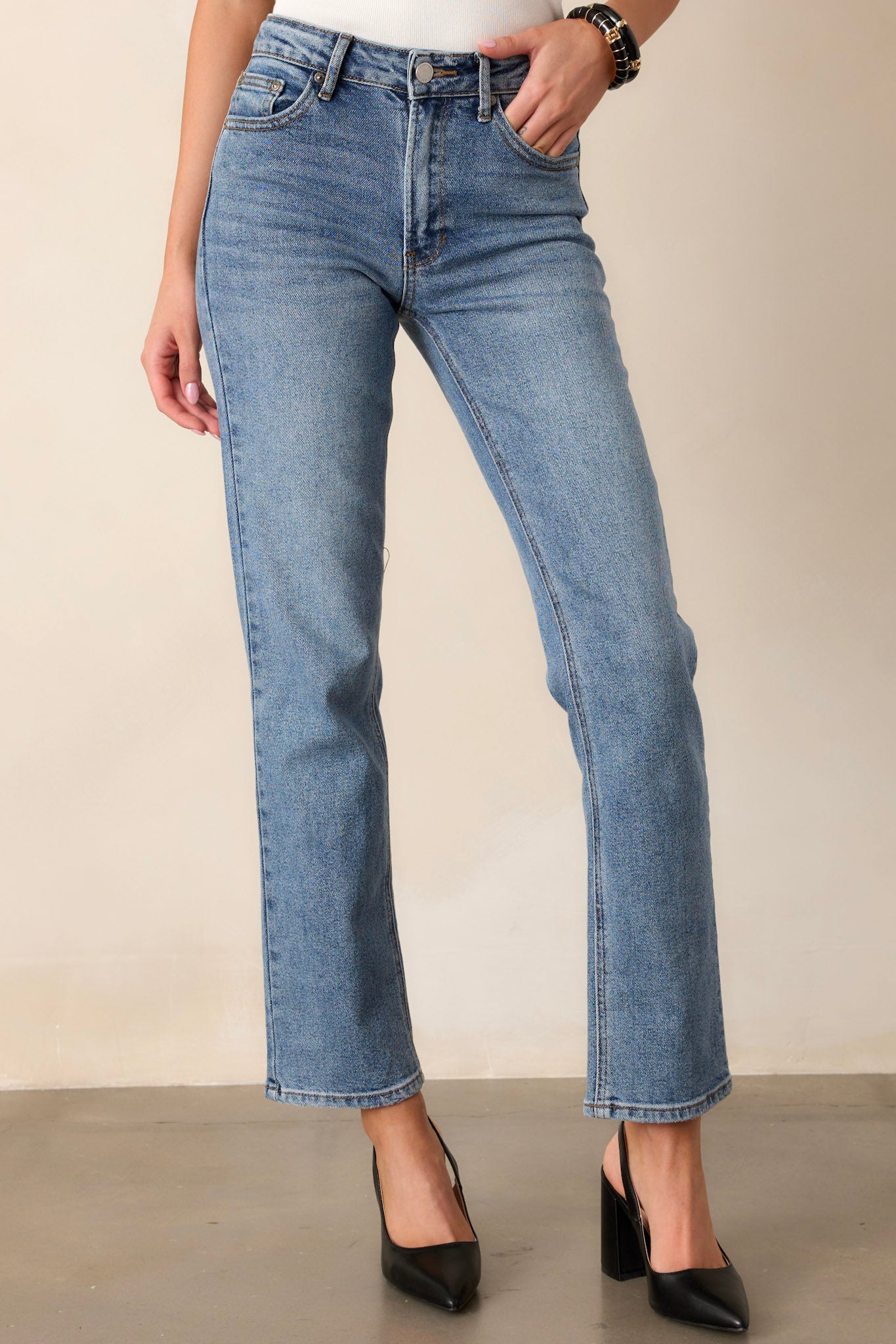 Medium Wash Straight Leg Jeans - All Bottoms | Red Dress