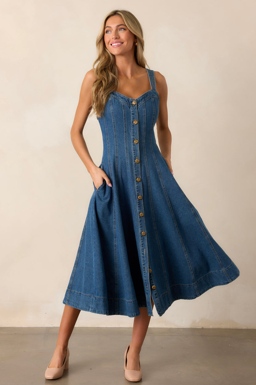 Dark Wash Denim Midi Dress - All Dresses | Red Dress