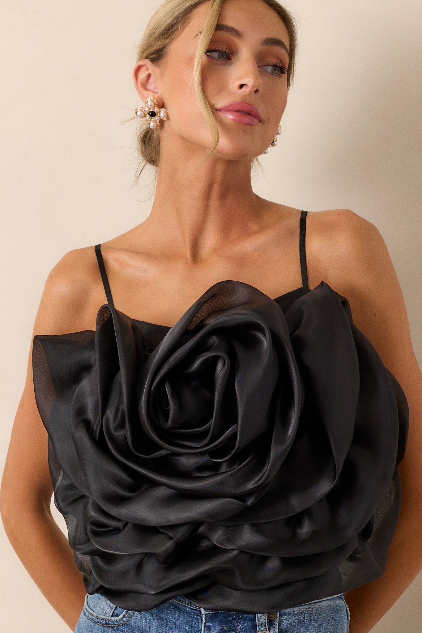 Black 3-D Flower Crop Top - All Tops | Red Dress
