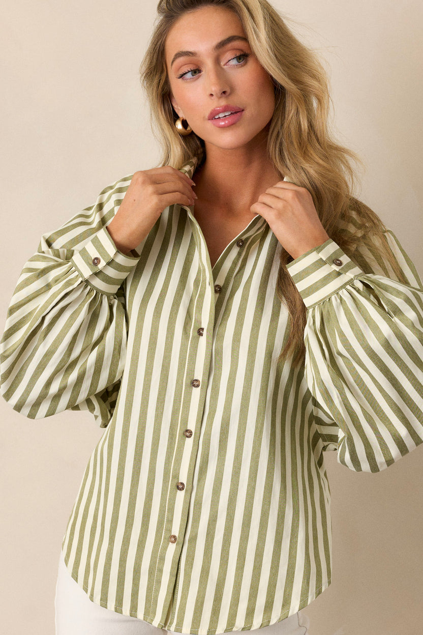 Olive Green Stripe Button Front Top - All Tops | Red Dress