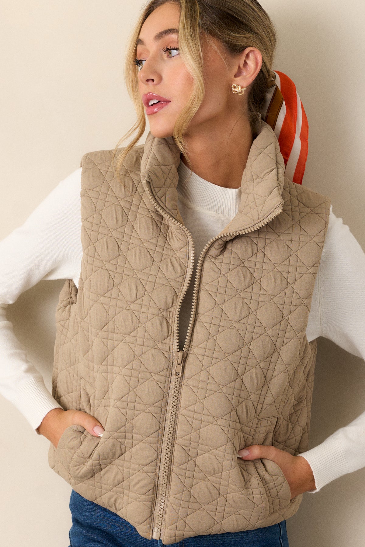 Tan Quilted Full Zip Vest - All Outerwear | Red Dress