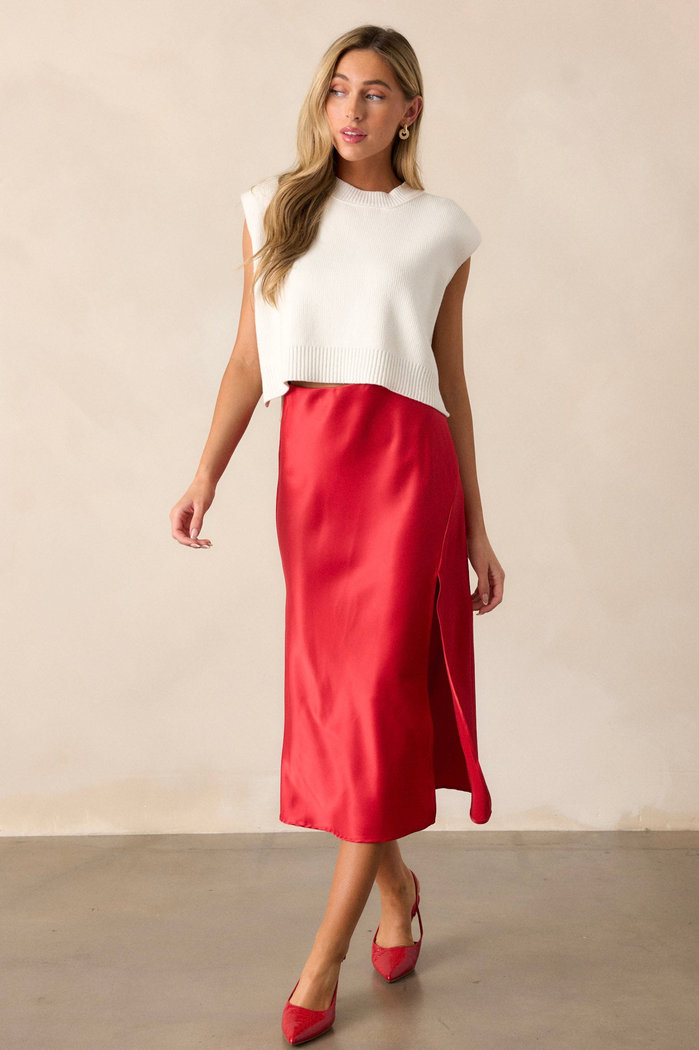 Red Satin Midi Skirt - All Bottoms | Red Dress