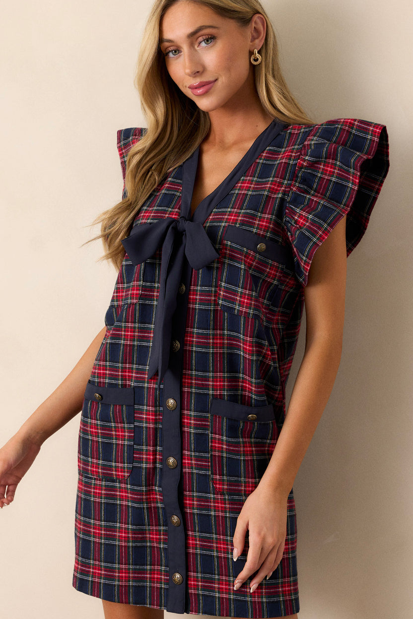 100% Cotton Navy Plaid Mini Dress - All Dresses | Red Dress