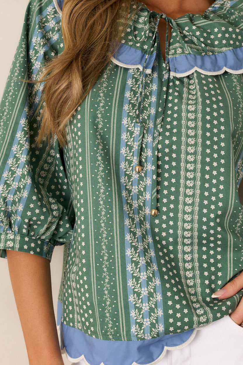 100% Cotton Green Floral Scallop Hem Top - All Tops | Red Dress