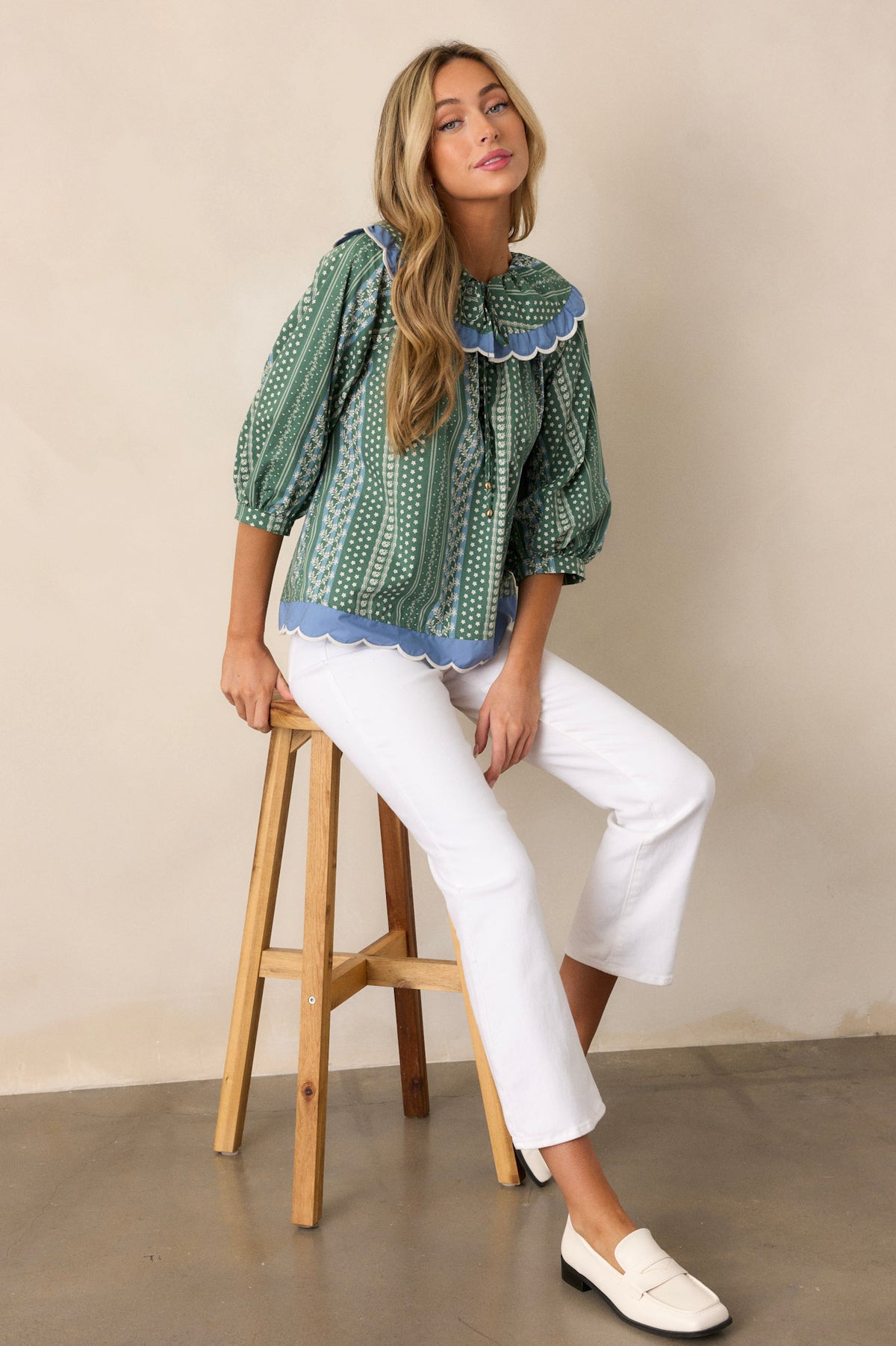 100% Cotton Green Floral Scallop Hem Top - All Tops | Red Dress