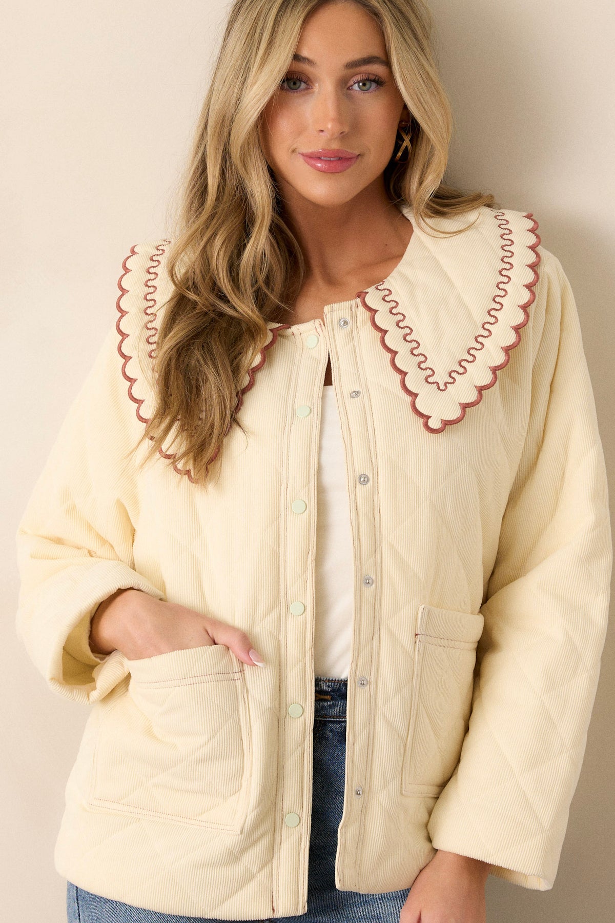 Ivory Embroidered Quilted Jacket - All Outerwear | Red Dress