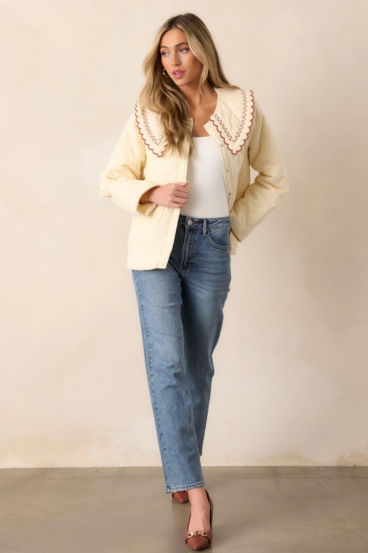 Ivory Embroidered Quilted Jacket - All Outerwear | Red Dress