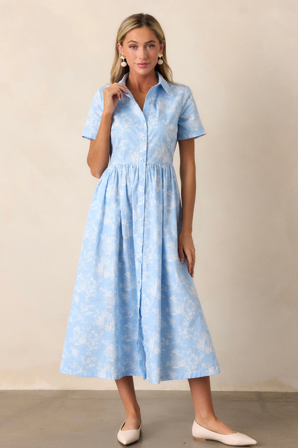 100% Cotton Light Blue Toile Midi Dress - All Dresses | Red Dress