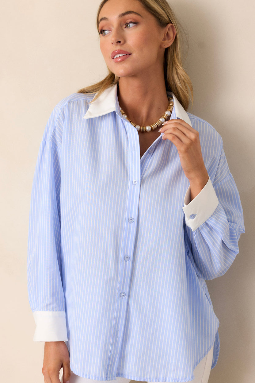 100% Cotton Blue Stripe Button Front Top - All Tops | Red Dress