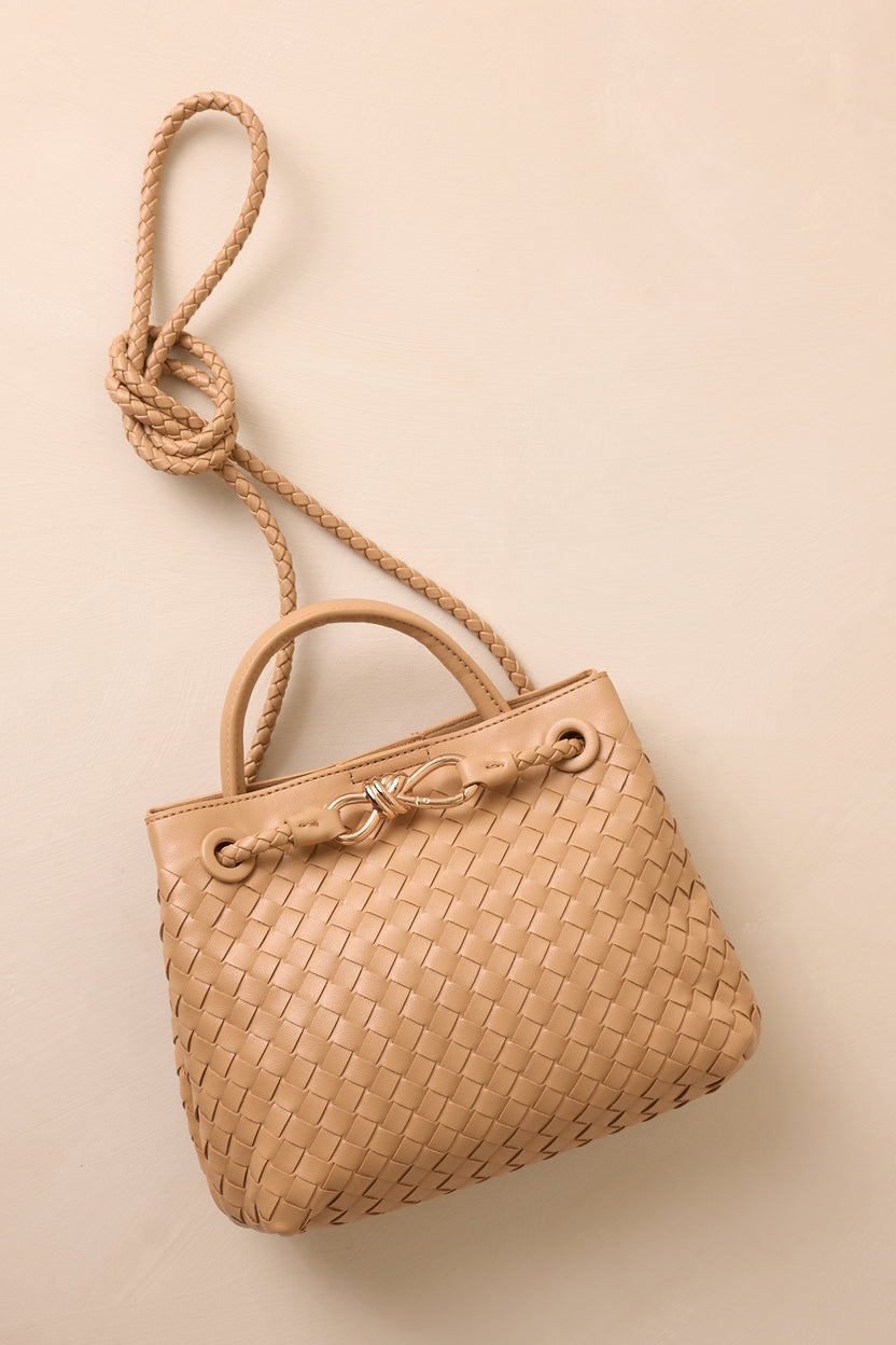 Tan Woven Faux Leather Handbag - All Handbags | Red Dress