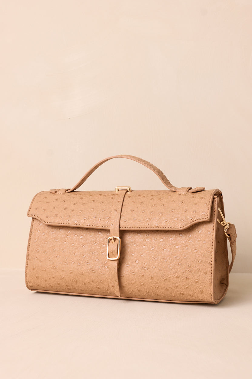 Camel Ostrich Print Handbag - All Accessories | Red Dress