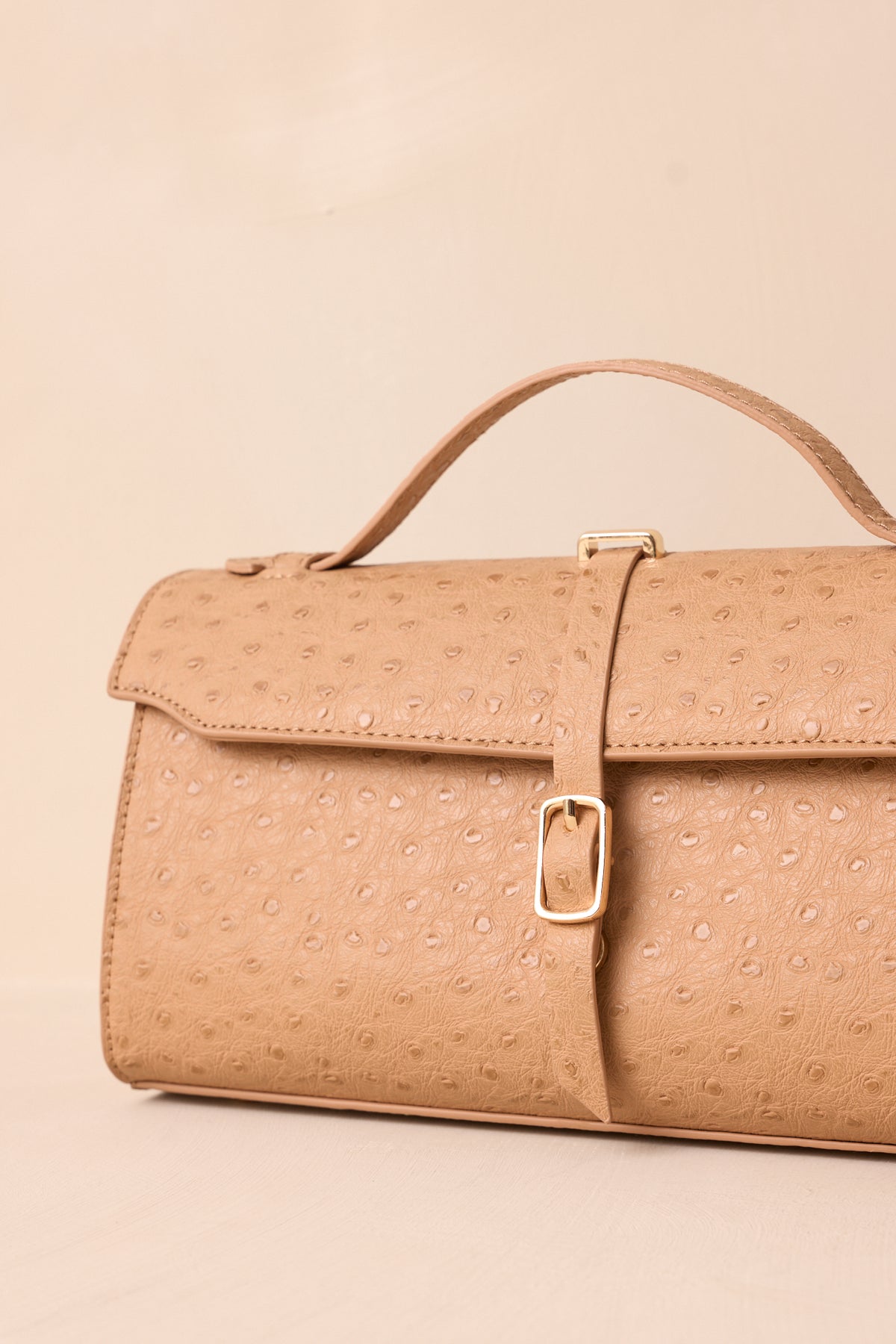 Camel Ostrich Print Handbag - All Accessories | Red Dress