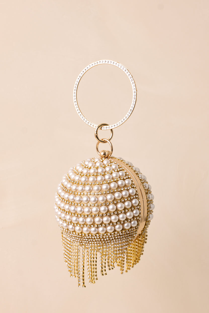 Gold and Ivory Pearl Round Clutch - All Handbags | Red Dress