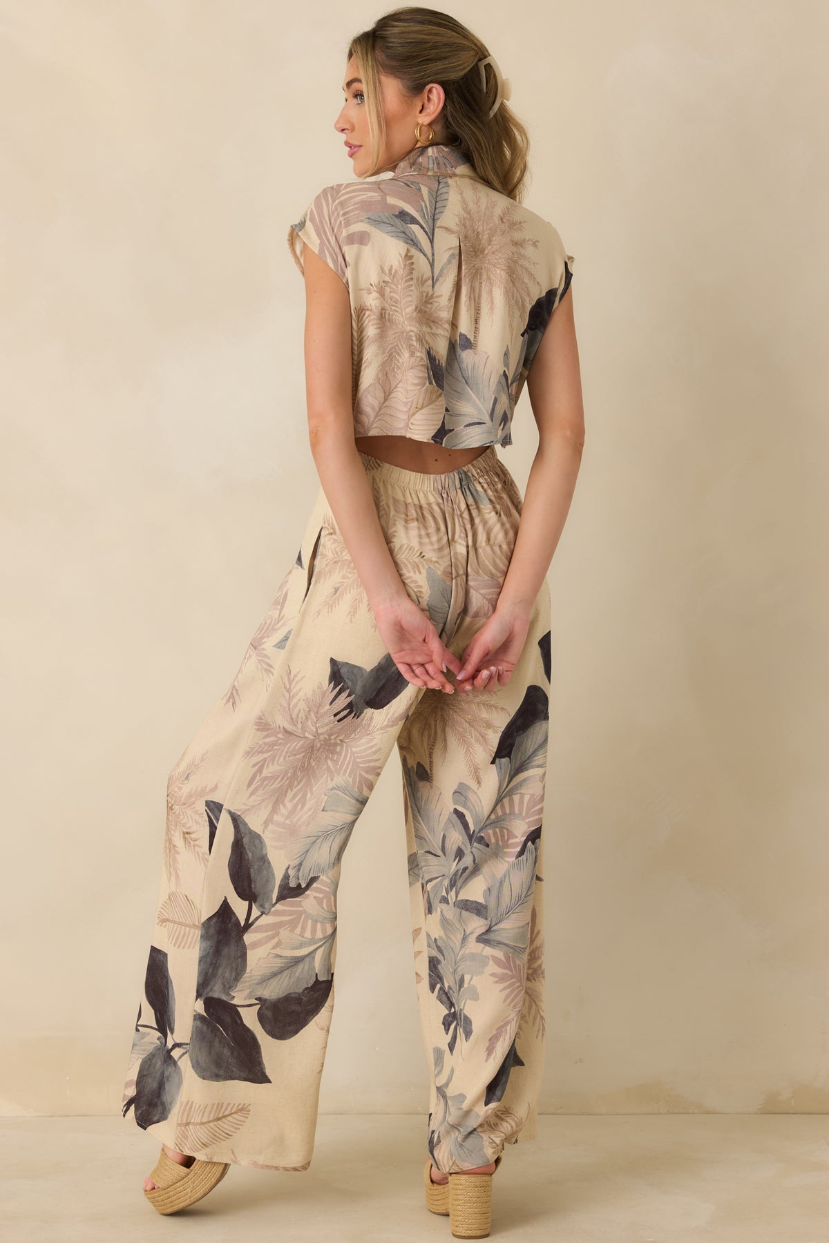 Beige Multi Tropical Open Back Jumpsuit - All Jumpsuits | Red Dress